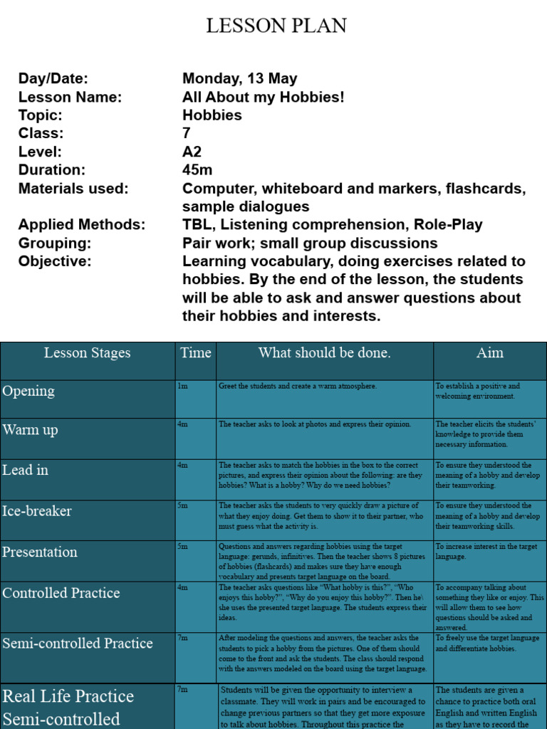 Hobbies Lesson Plan for A2 Students | PDF | Verb | Teachers