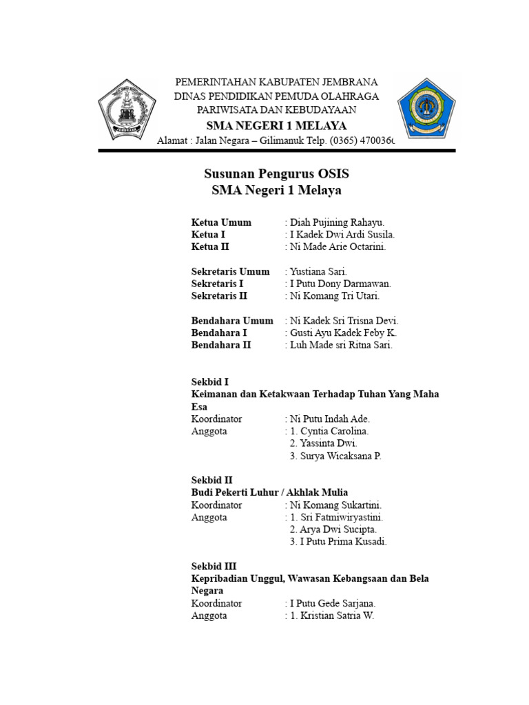Susunan Pengurus OSIS SMA Melaya | PDF