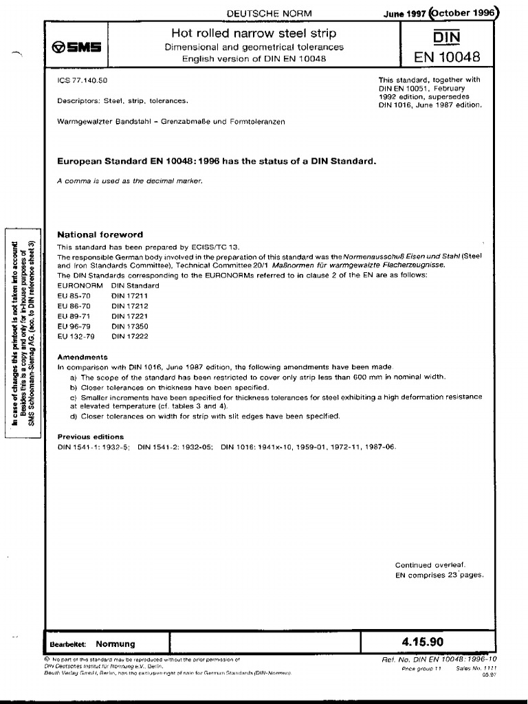DIN EN 10048 - (1997-06) - (Hot Rolled Narrow Steel Strip-Dimensional ...