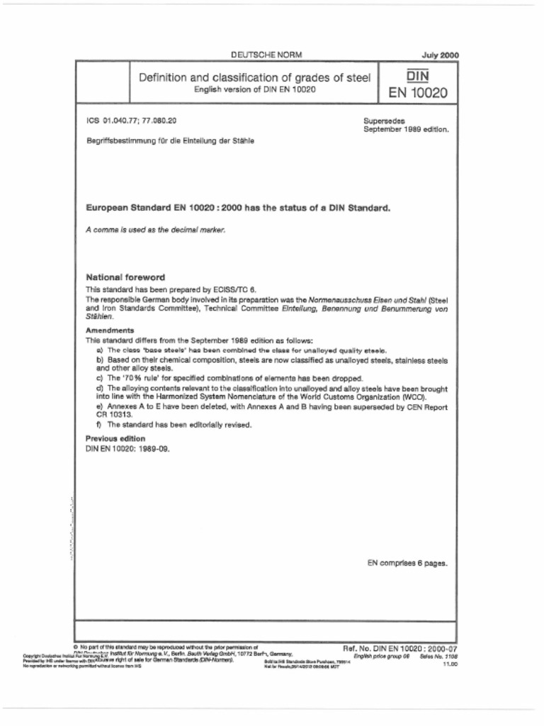 DIN EN 10020 - (2000-07) - (Definition, Classification-Grades of Steel ...
