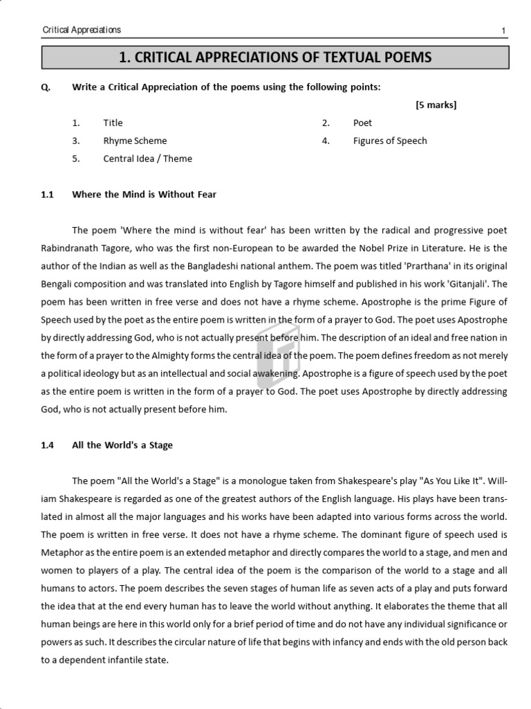 Critical Appreciations of Textual Poems | PDF | Poetry | Rabindranath ...