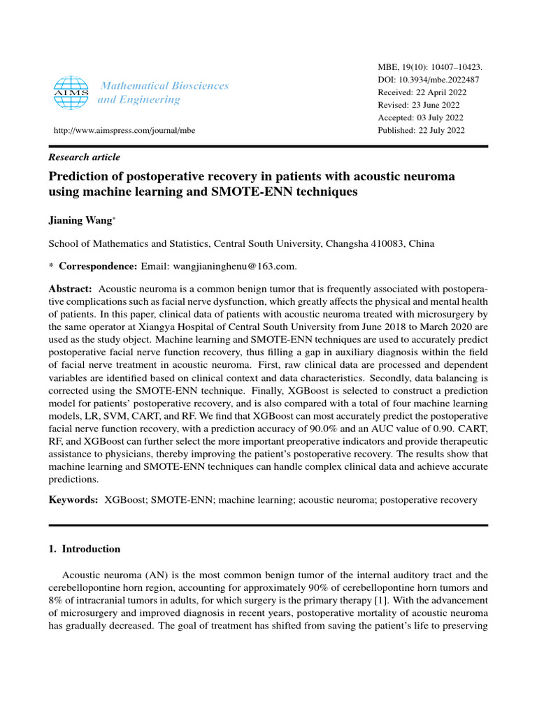 Prediction of Postoperative Recovery in Patients With Acoustic Neuroma ...