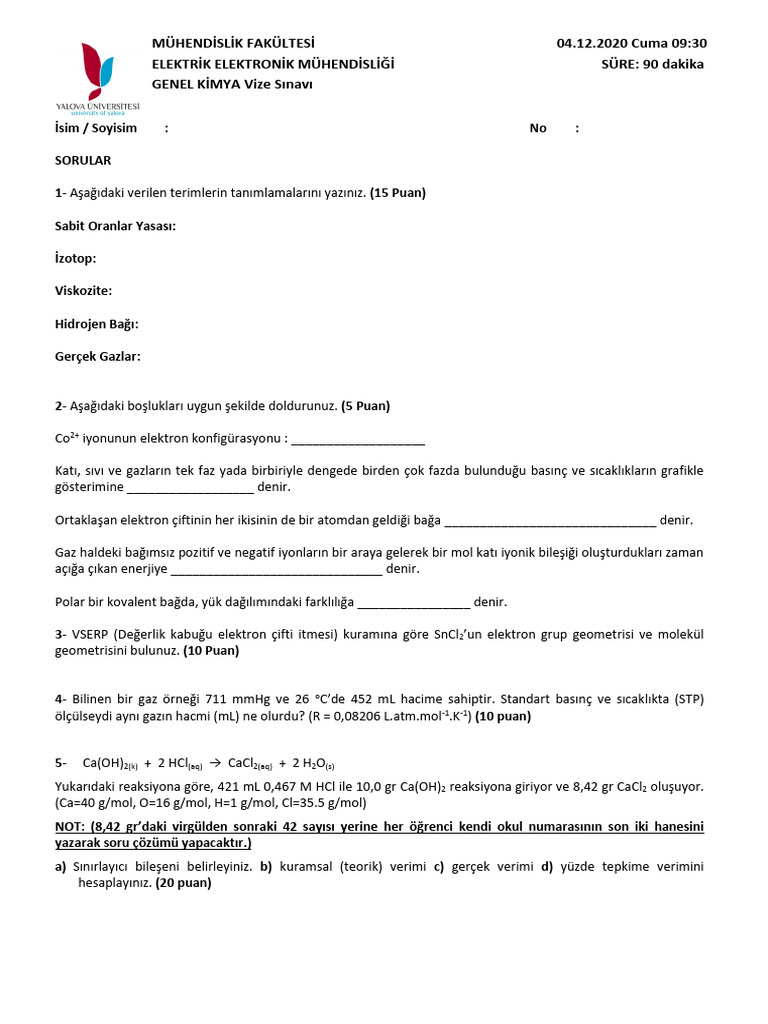 Genel Kimya Vize Aralik 2020 | PDF