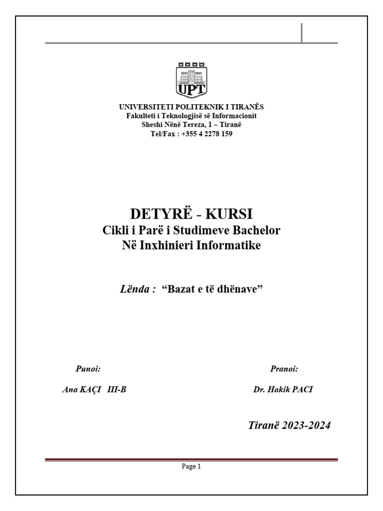 Detyre Kursi Baze Te Dhenash | PDF