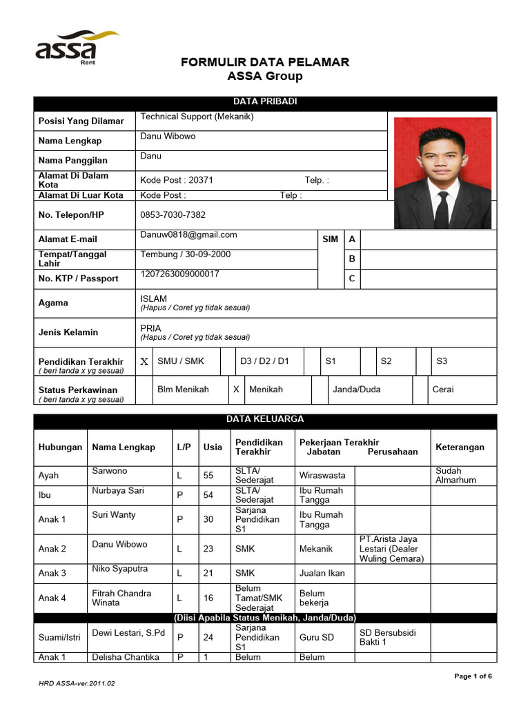 Formulir Data Pelamar ASSA | PDF