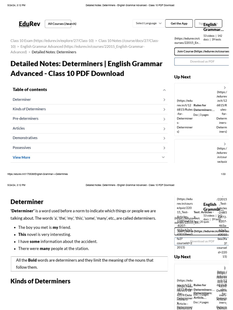 Detailed Notes - Determiners - English Grammar Advanced - Class 10 PDF ...