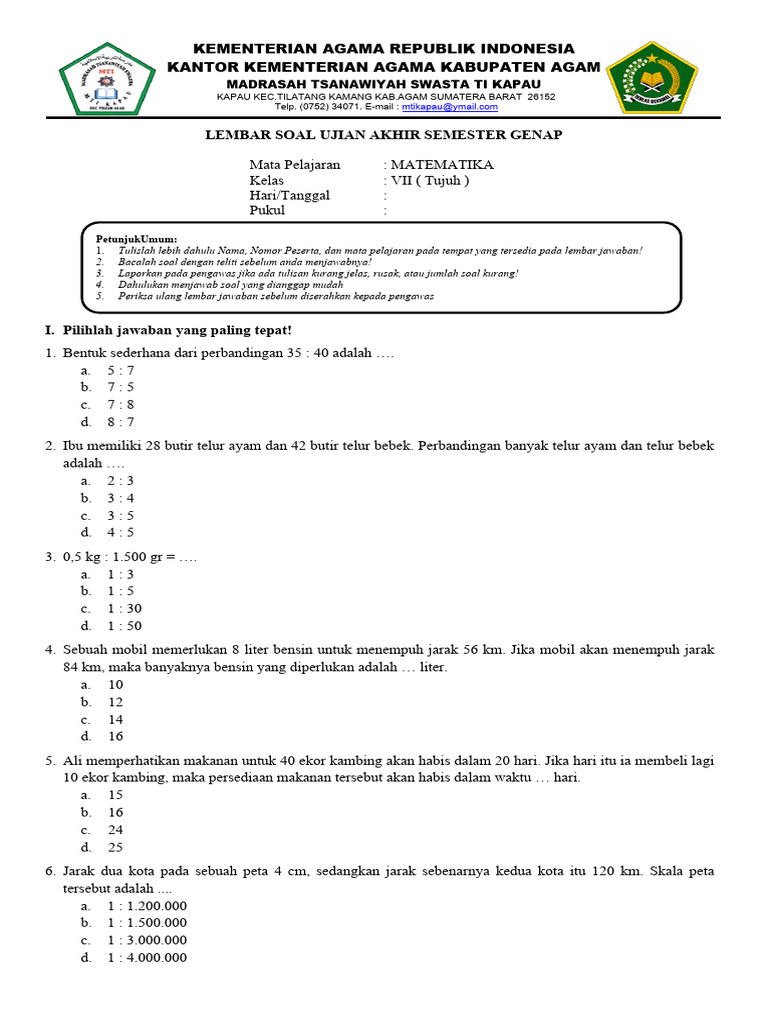 Soal Uas Genap MTK KLS Vii | PDF | Metode & Bahan Ajar | Seni