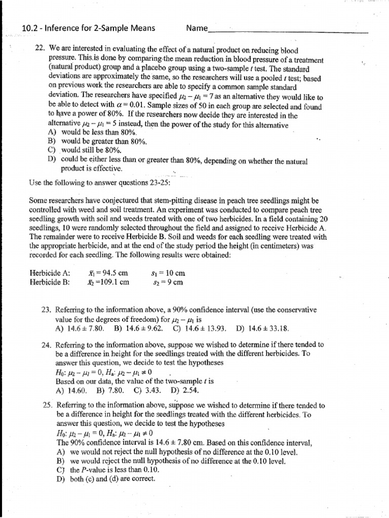10.2 Inference For 2-Sample Means MC | PDF