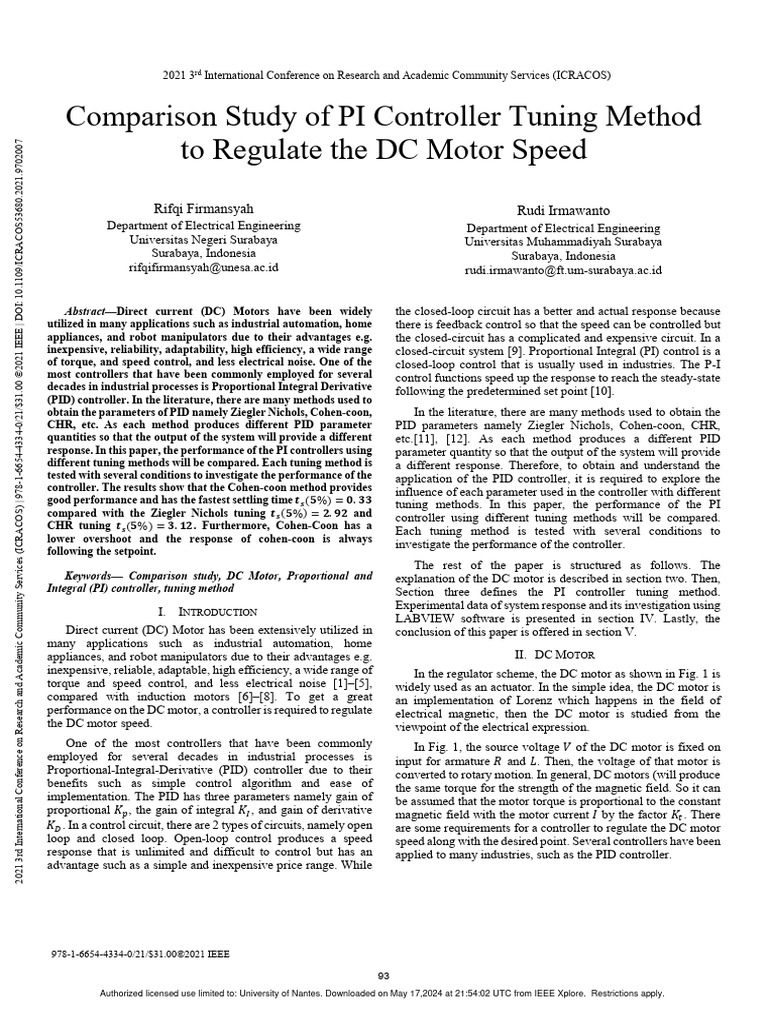 Comparison Study of PI Controller Tuning Method To Regulate The DC Motor Speed | PDF | Electric ...