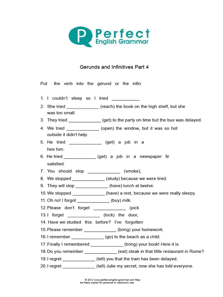 Gerunds and Infinitives Exercises | PDF | Language Arts & Discipline