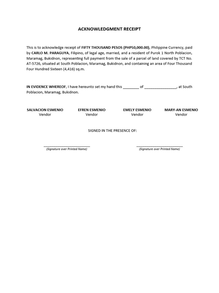 Acknowledgment Receipt: IN EVIDENCE WHEREOF, I Have Hereunto Set My ...