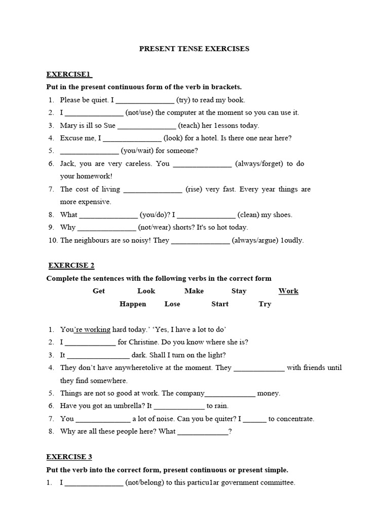 Present Tense Exercises Pdf Cost Of Living