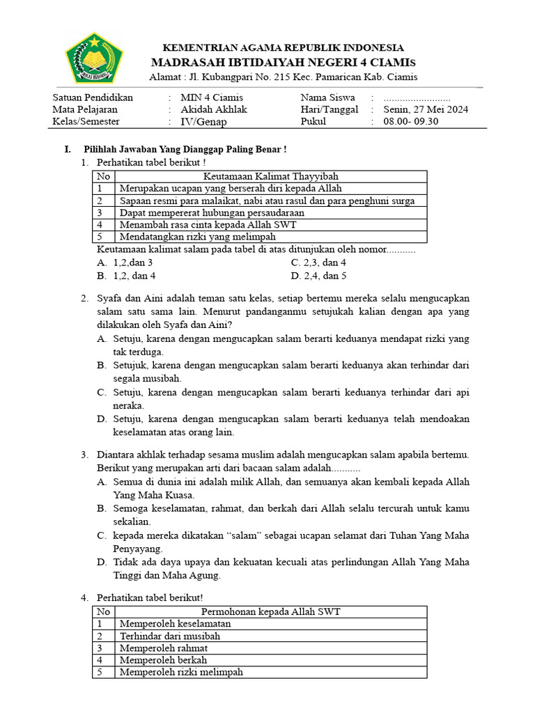 Soal AQIDAH Bu Atik Kelas 4 | PDF