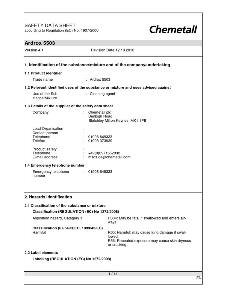 Ardrox 5503 MSDS | PDF | Dangerous Goods | Safety