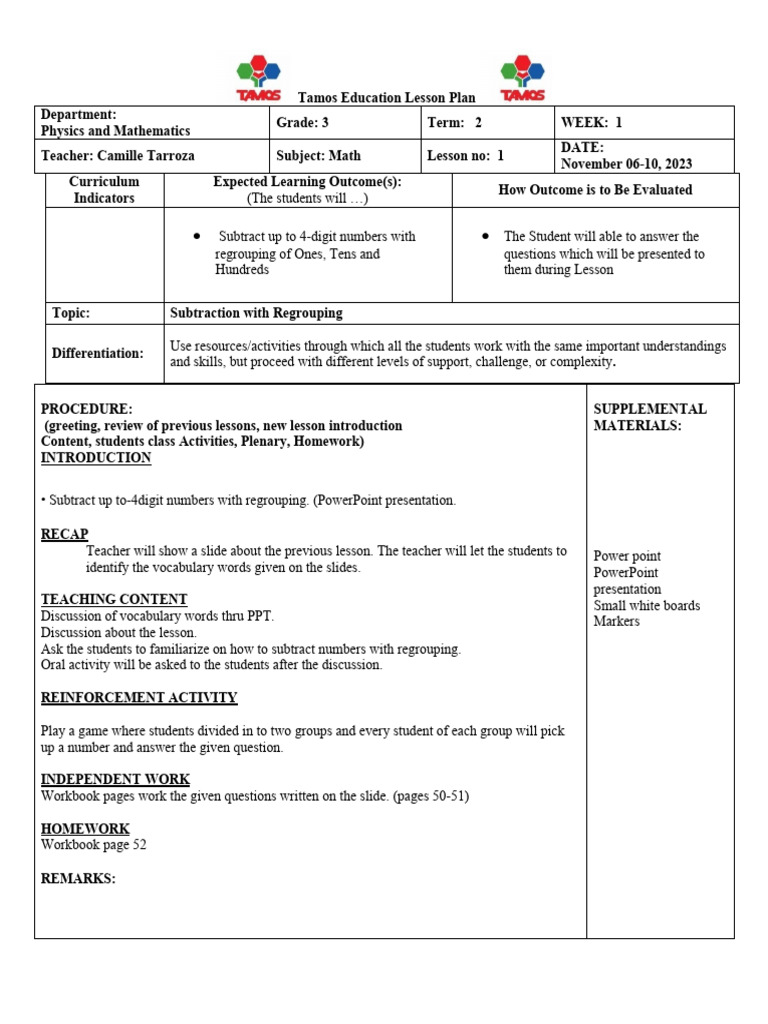 3rd Grade Math Lesson Plan: Subtraction | PDF | Teachers | Microsoft Power Point