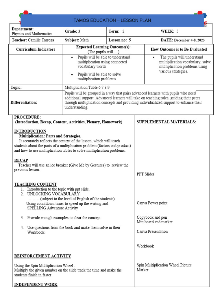 PM Math 3.2.5 - Multiplication Part 1 | PDF | Lesson Plan | Multiplication