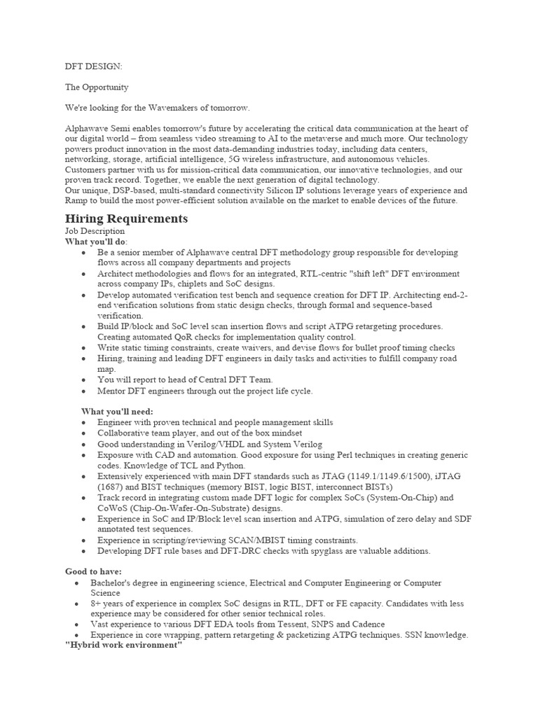 Senior DFT Engineer Role at Alphawave | PDF | System On A Chip | Automation
