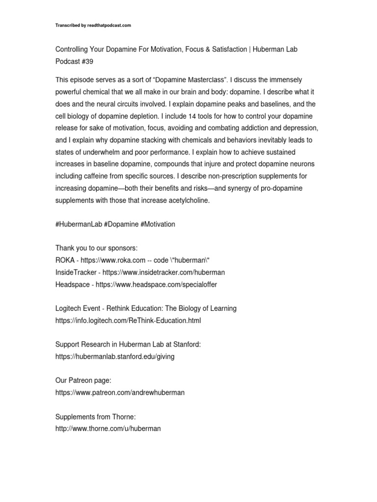 39 Controlling Your Dopamine For Motivation Focus & Satisfaction Huberman Lab Podcast 39 | PDF ...