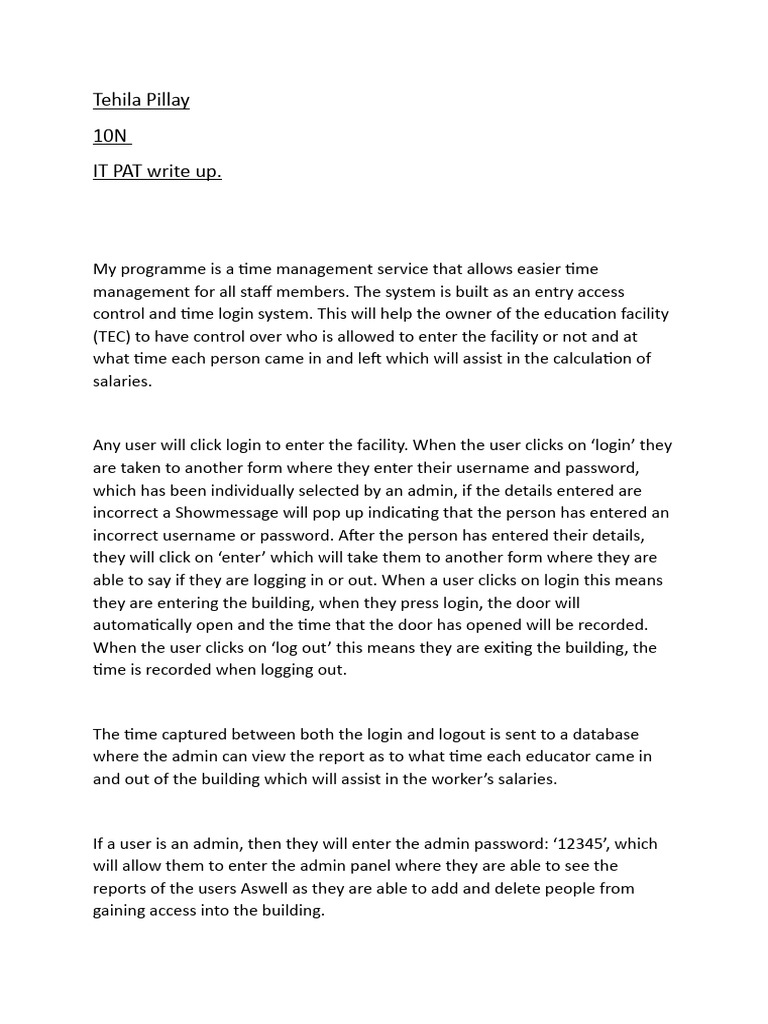 Tehila Pillay 10N IT PAT Write Up Interview | PDF