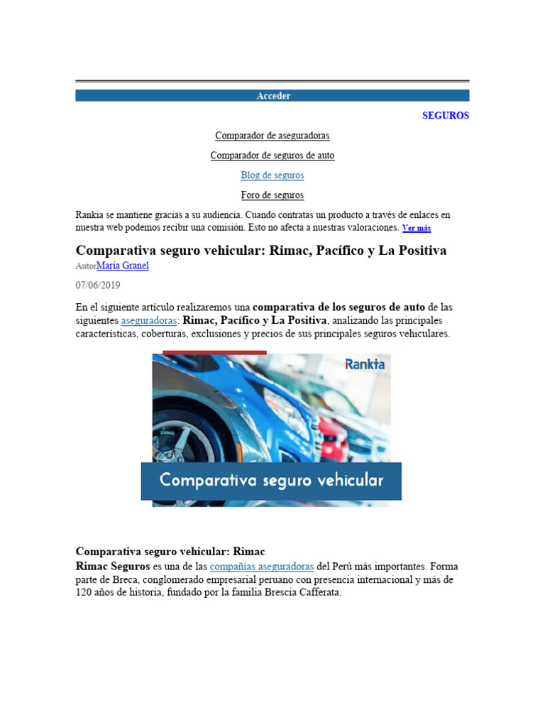 Comparativa Seguro Vehicular: Rimac, Pacífico y La Positiva | Descargar gratis PDF | Seguro