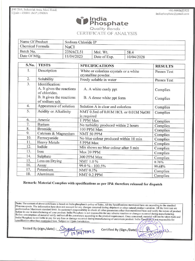 COA Sodium Chloride IP | PDF | Sodium Chloride | Materials