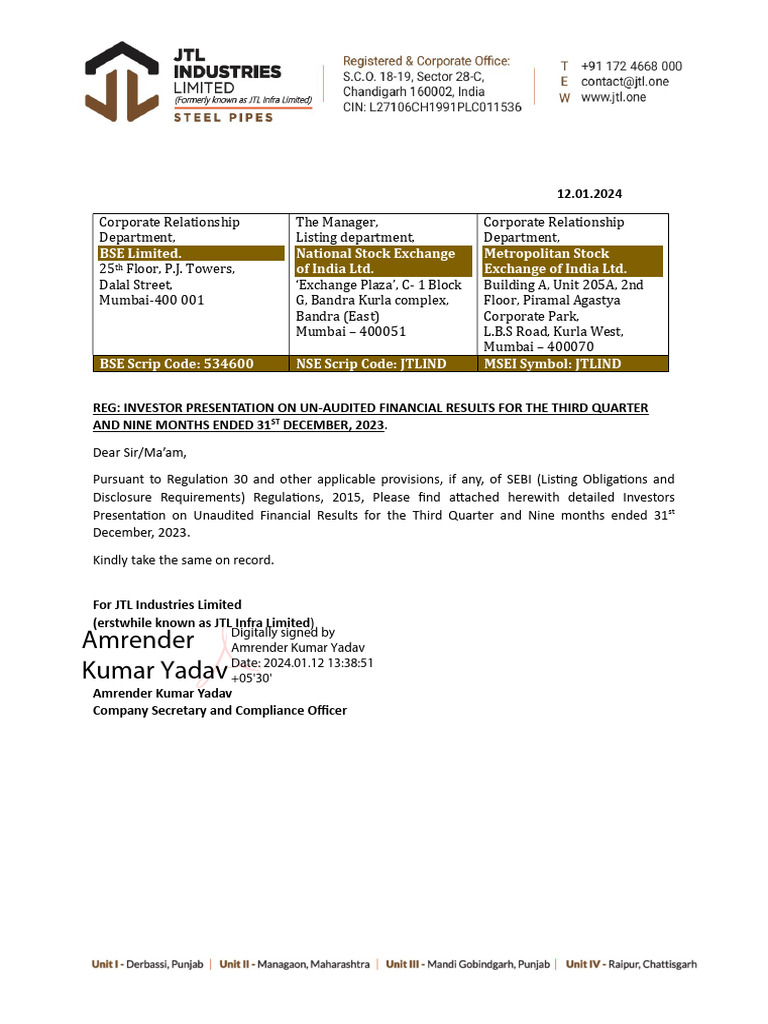 JTL-Industries-Ltd Q32024 PPT | PDF | Business | Economies