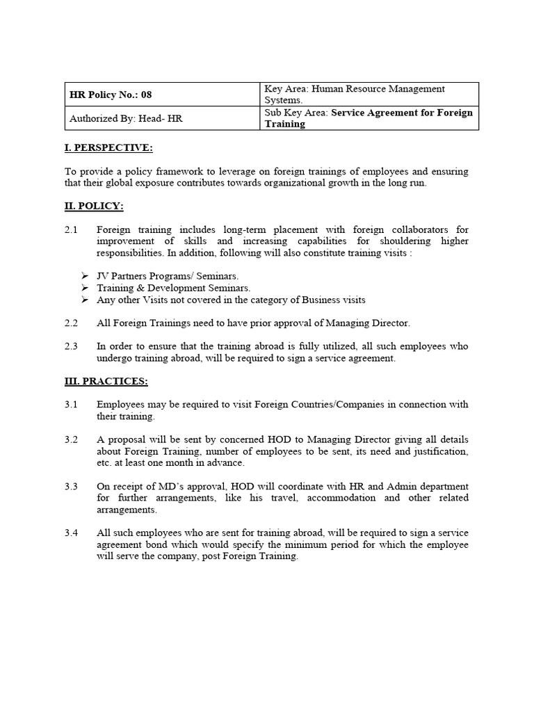SOP (Service Agreement For Foreign Training) | PDF | Employment | Human ...