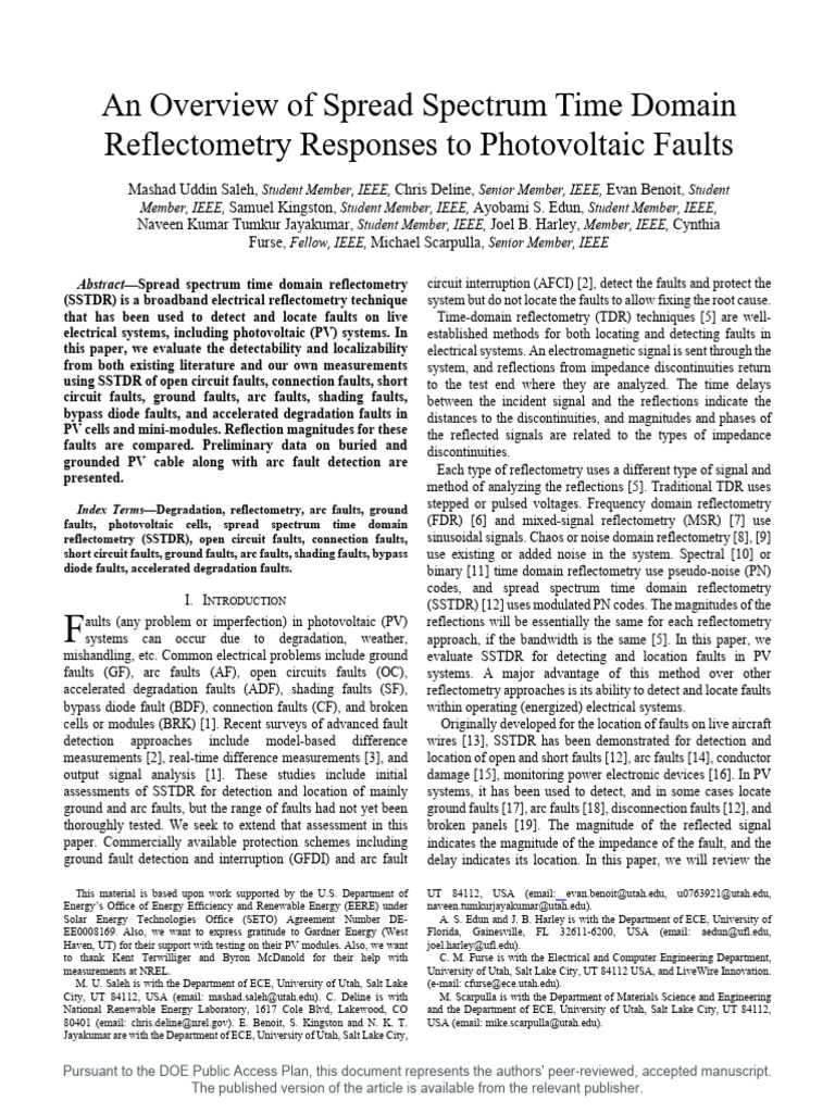 An Overview of Spread Spectrum Time Domain Reflectometry Responses To Photovoltaic Faults | PDF ...