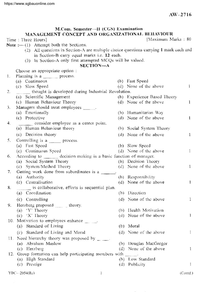 M.Com Management Exam Paper | PDF | Theory | Psychological Concepts