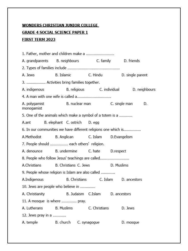 Grade 4 First Term Social Science Paper 1 | PDF | Jesus | Baptism
