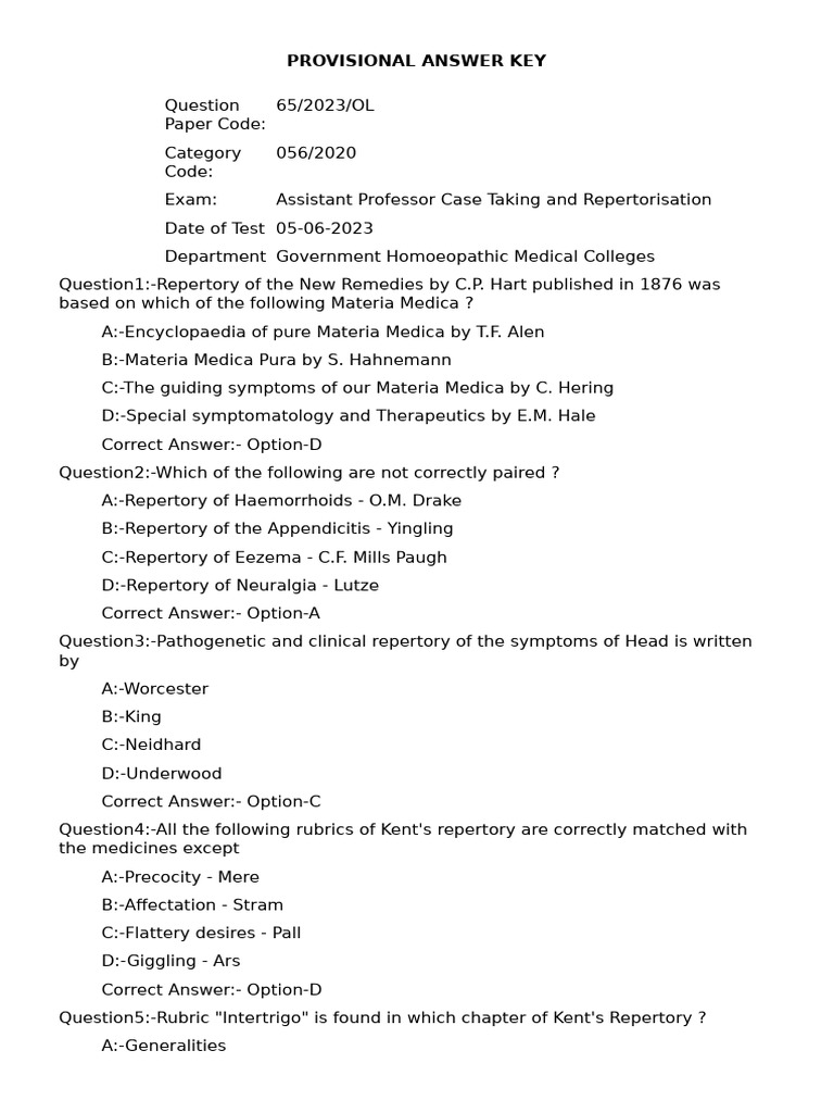 Provisional Naswer Key Asst Professor Case Taking and | PDF ...