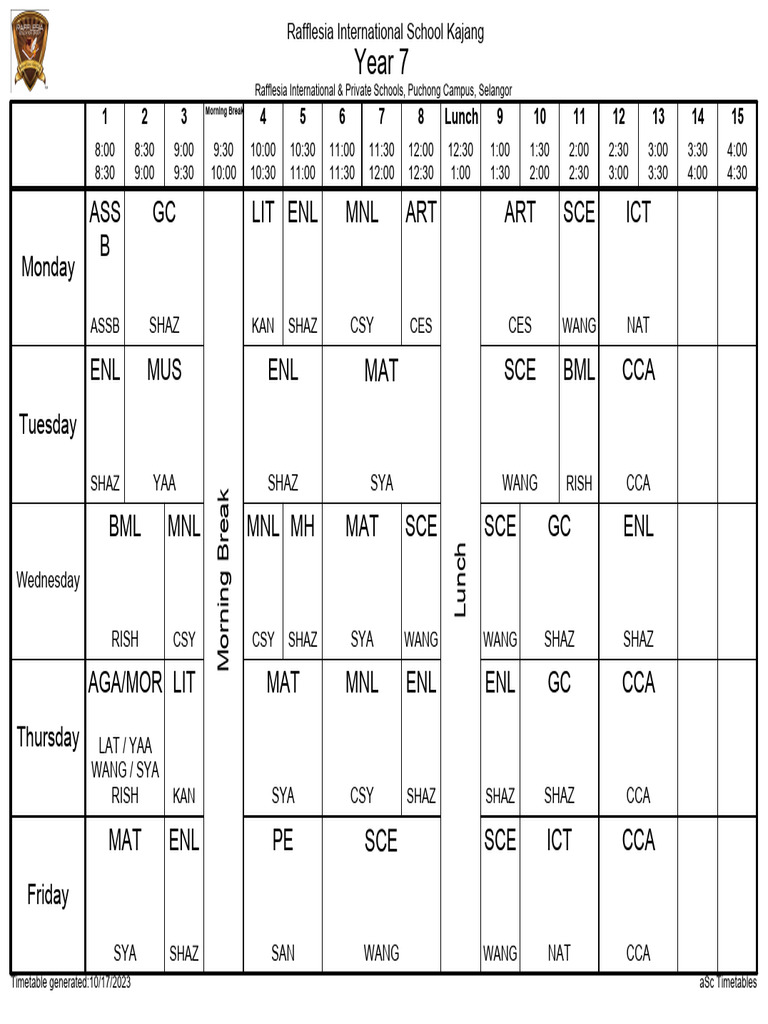 Class Timetable 18 Oct 2023-9 Year 7 | PDF