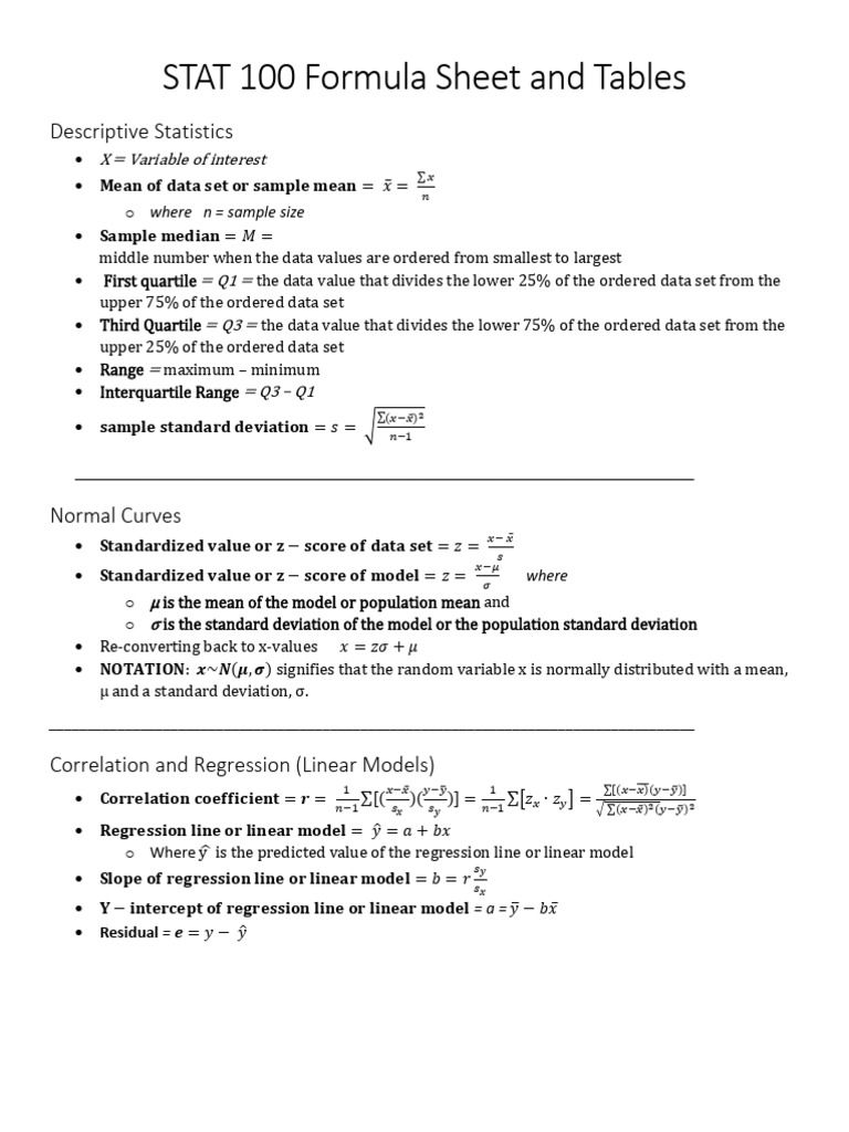 Stat 100 Formulas Probability Tables | PDF | Quartile | Standard Score