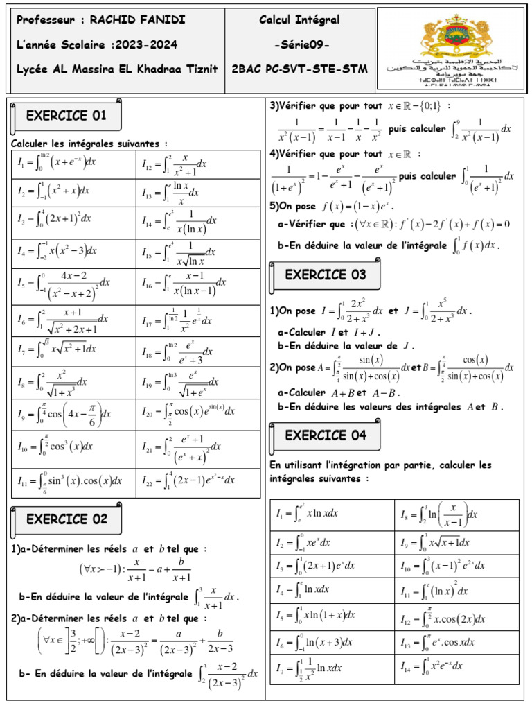 Exercices de Calcul d'Intégrales 2BAC | PDF | Intégral | Fonction ...
