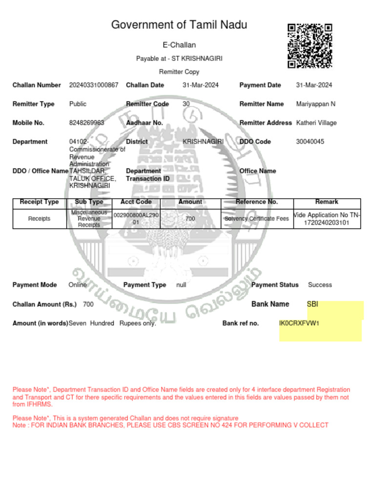 Tamil Nadu E-Challan Payment Receipt | PDF