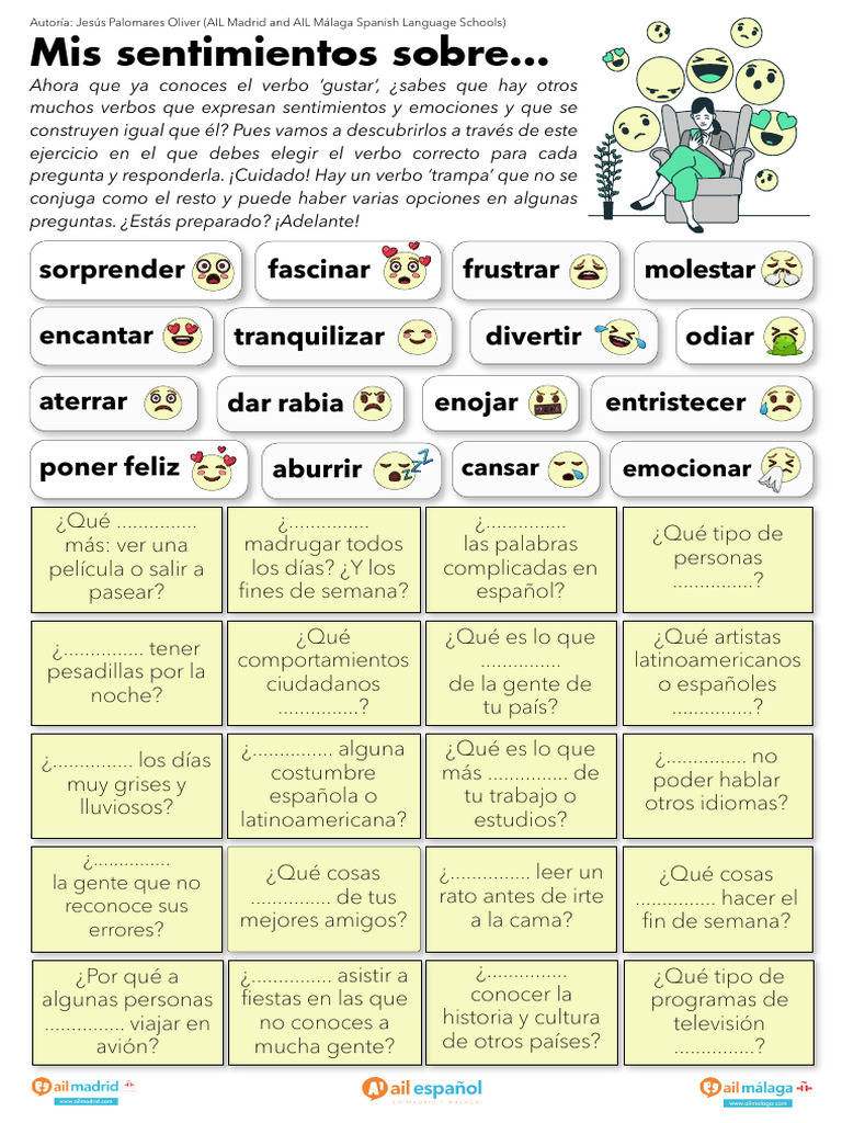 Actividad Espanol Verbos Sentimiento Espanol 1 | PDF