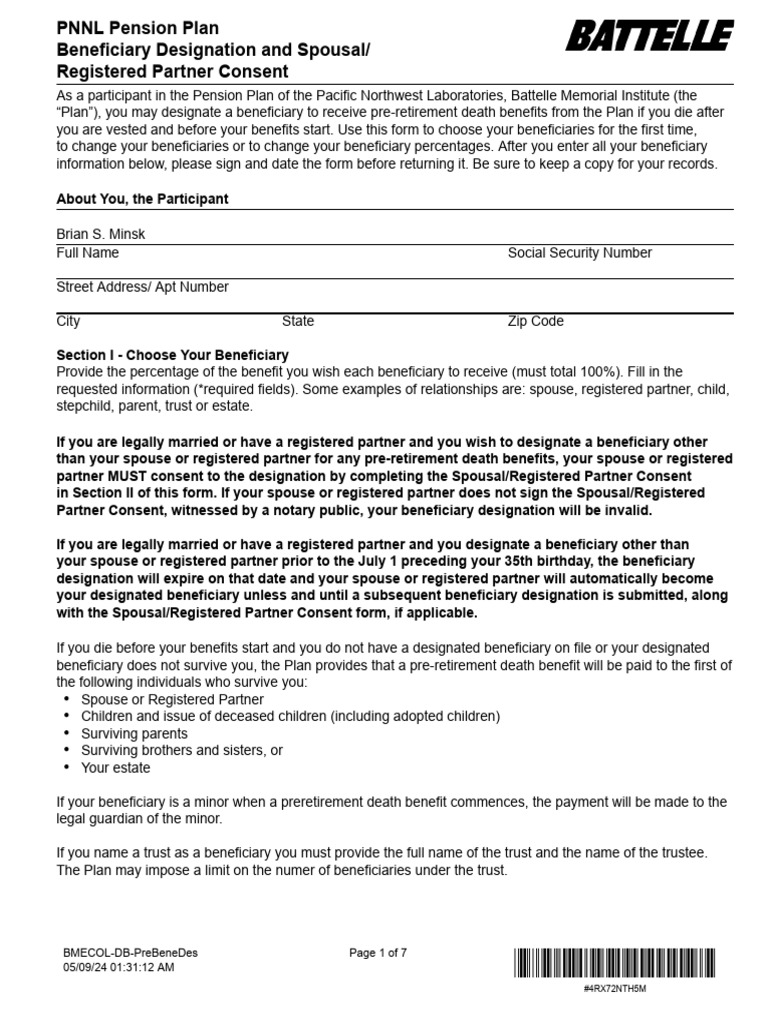 Pre-Retirement Beneficiary Designation Form - PNNL Pension Plan | PDF ...