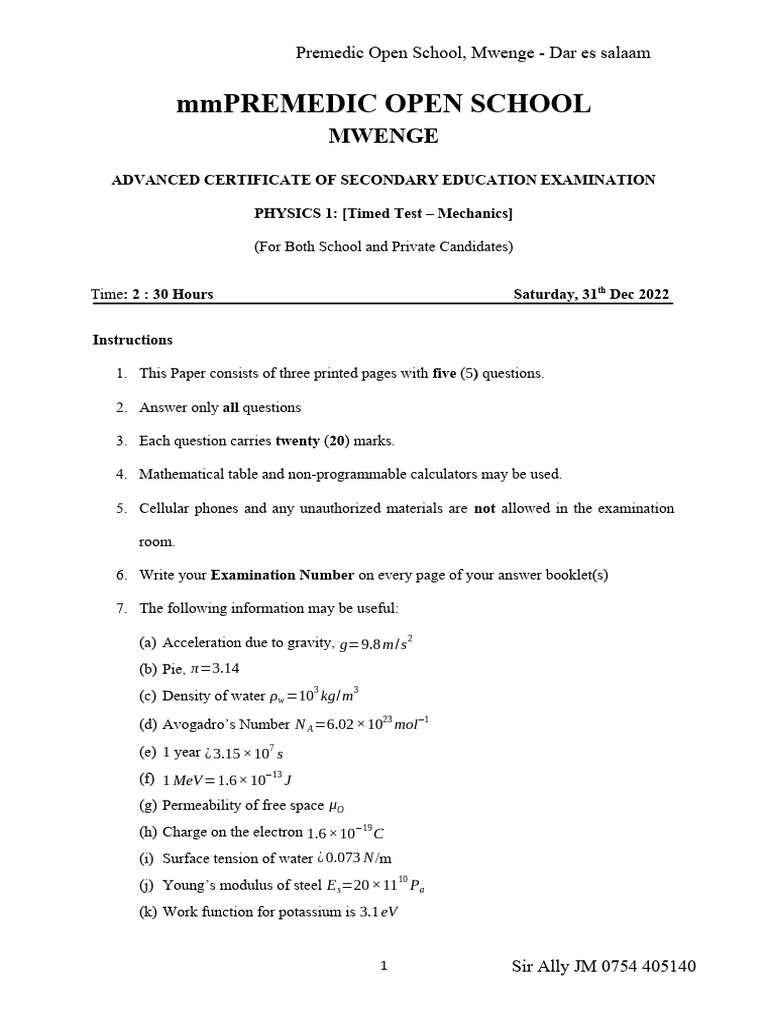 Mechanics Exam | PDF | Force | Mechanics