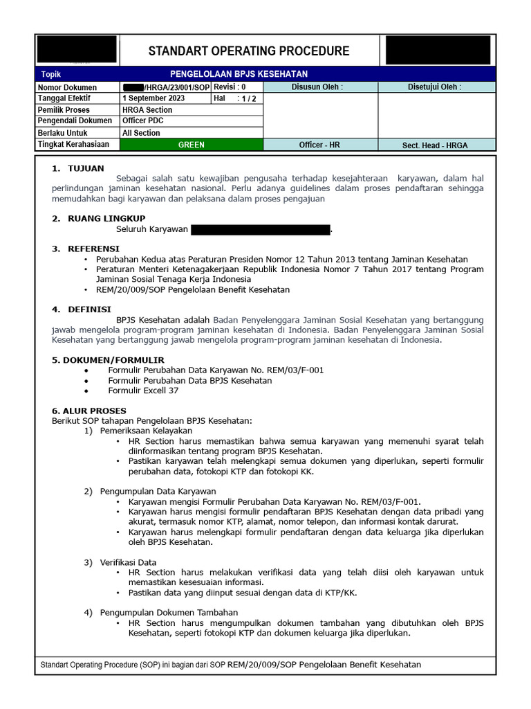 SOP Pengelolaan BPJS Kesehatan Karyawan | PDF