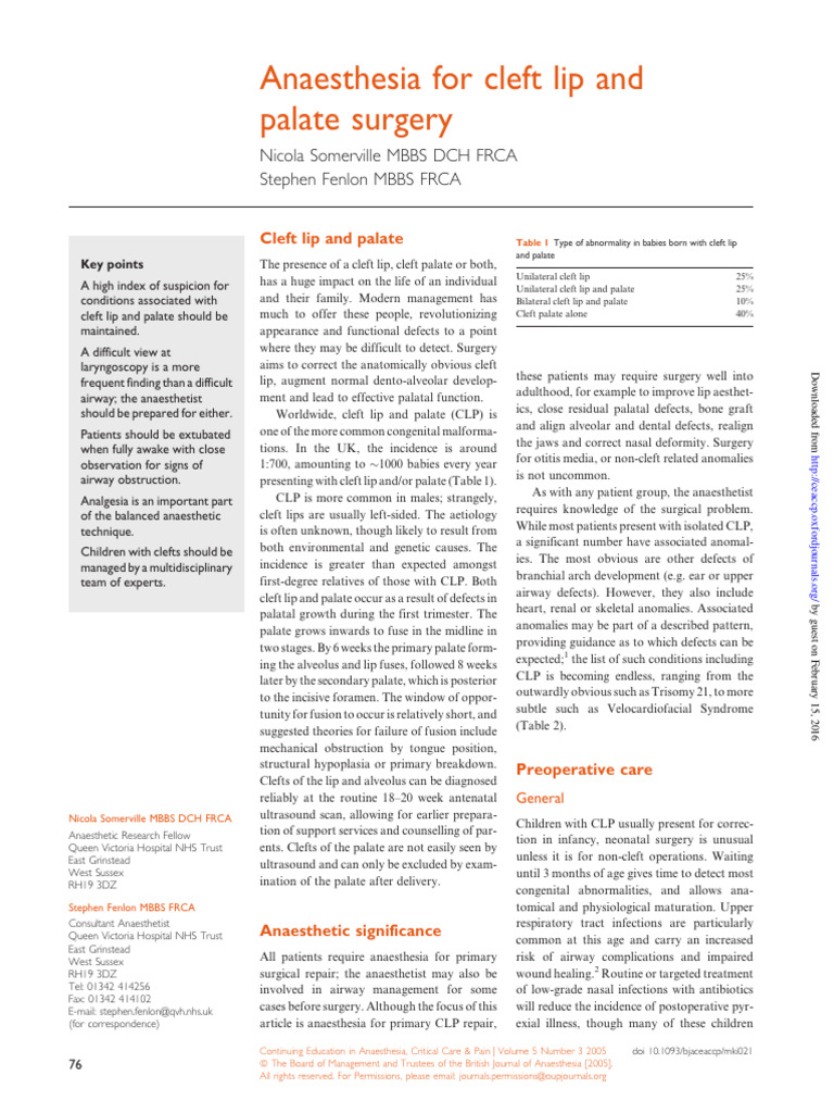 Cleft Lip Andpalate Surgery | PDF | Anesthesia | Medical Specialties