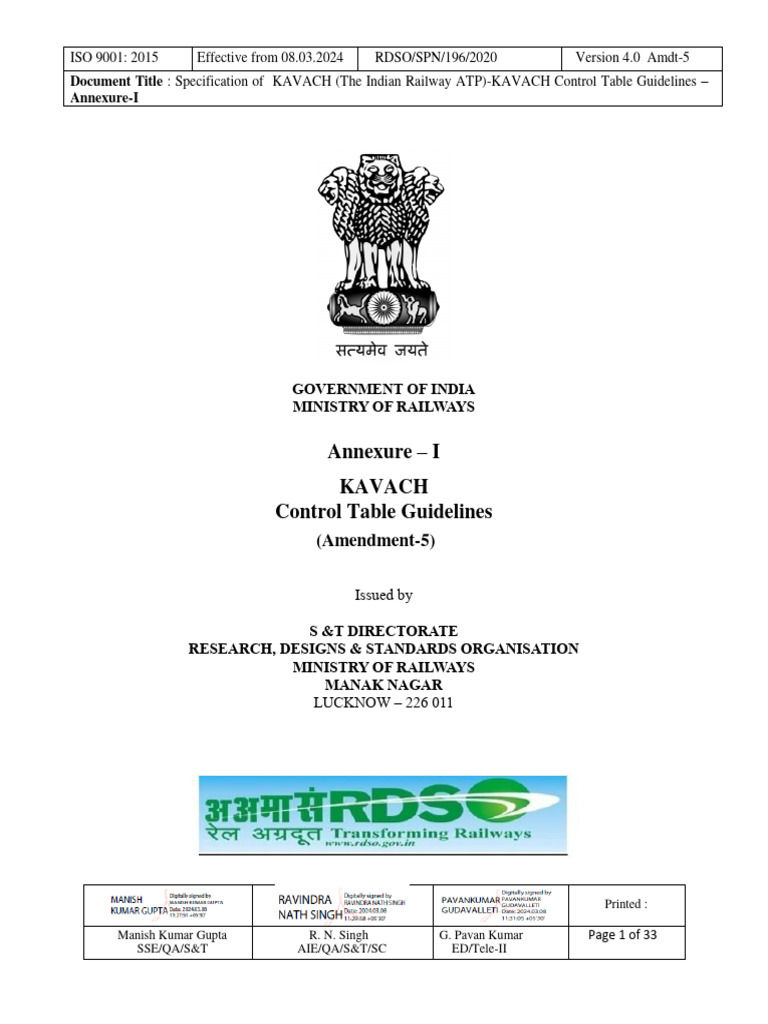 Specification of KAVACH (The Indian Railway ATP)-KAVACH Control Table Guidelines- Amdt-5 (1 ...