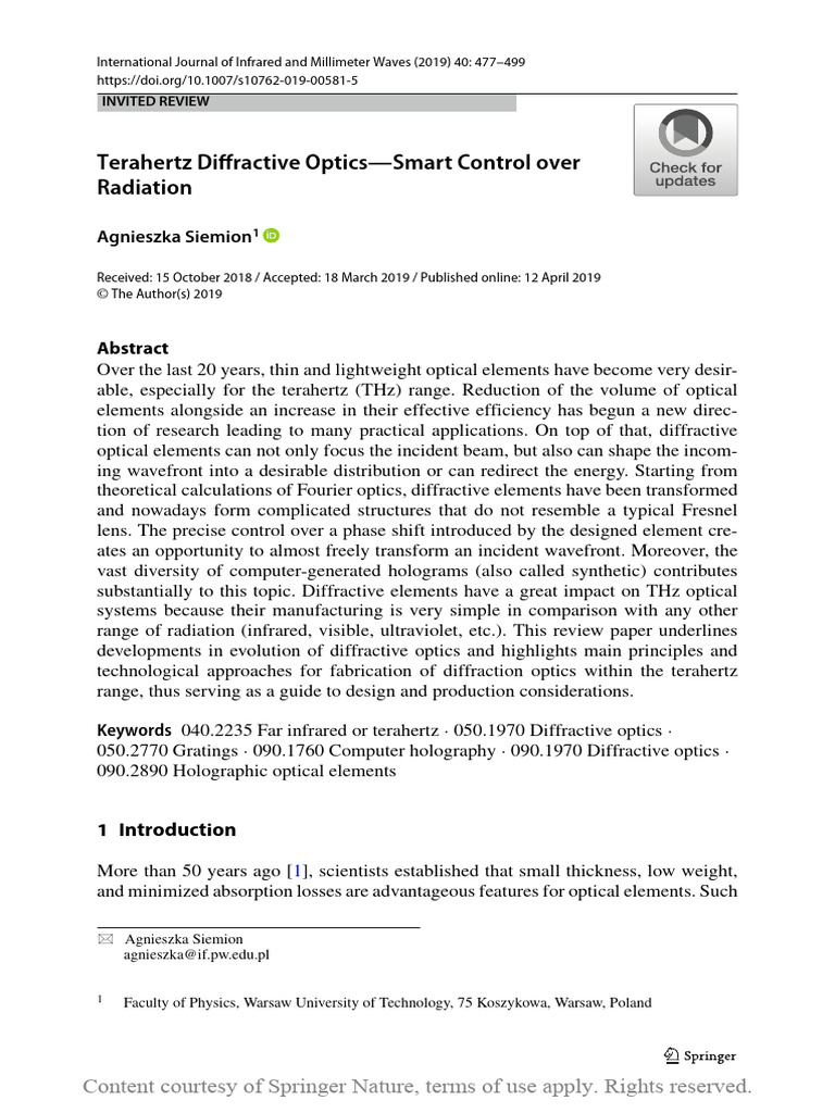 Terahertz Diffractive Optics-Smart Control Over Ra | PDF | Diffraction | Terahertz Radiation
