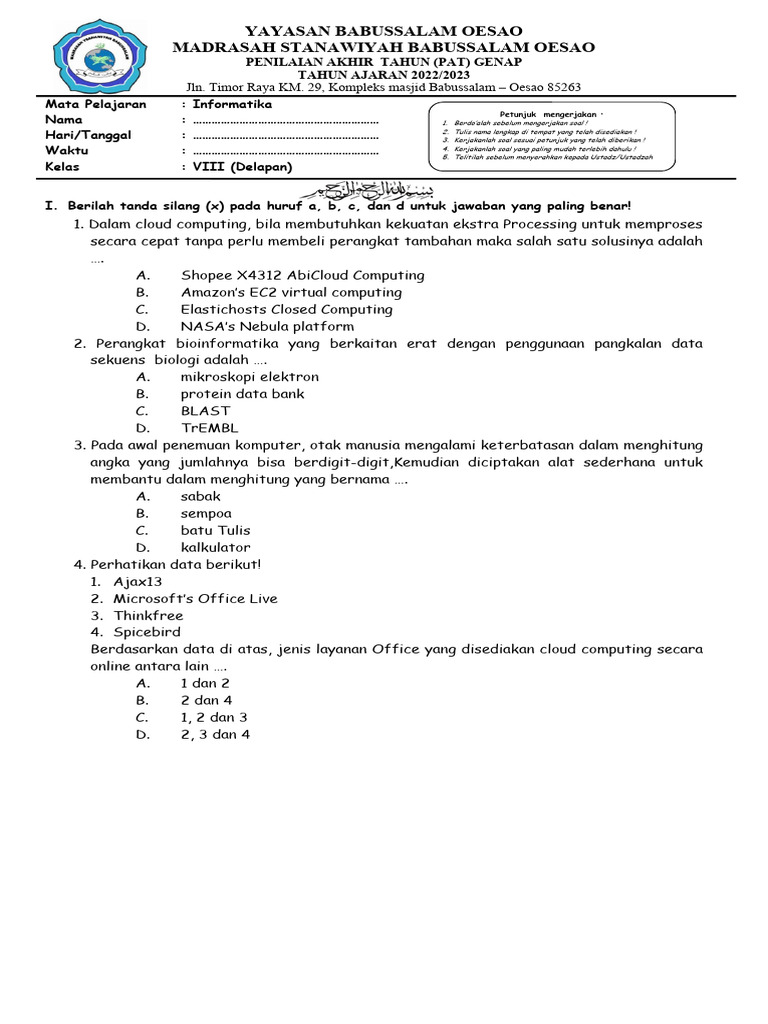 Soal Pas Genap Informatika Kelas 8 | PDF | Seni | Teknologi & Rekayasa