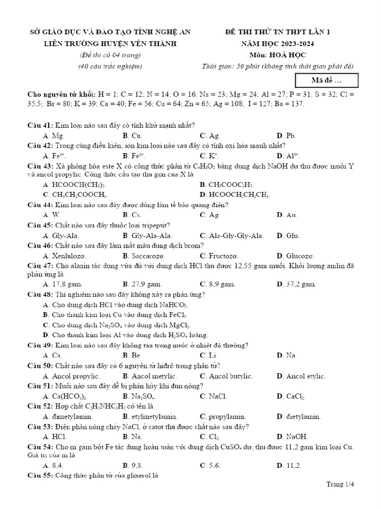 24 de Thi Thu TN THPT 2024 Lien Truong Yen Thanh Nghe An Lan 1 File Word Co Loi Giaidocx 1600 ...