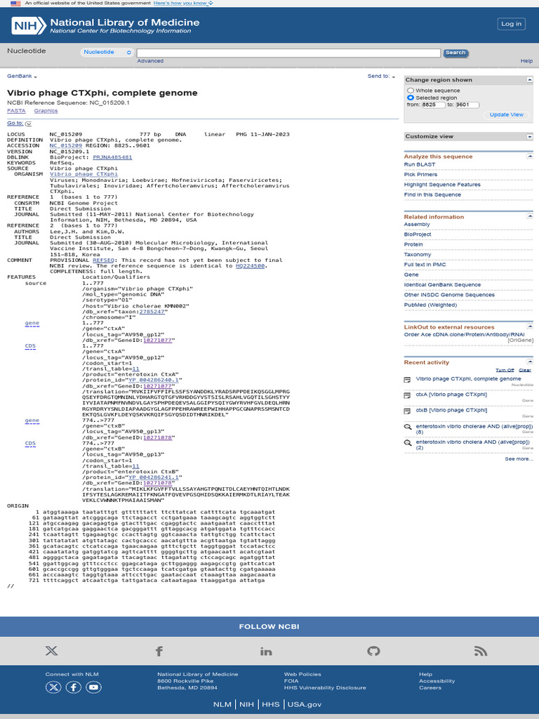 Vibrio Phage CTXphi, Complete Genome - Nucleotide - NCBI | PDF ...