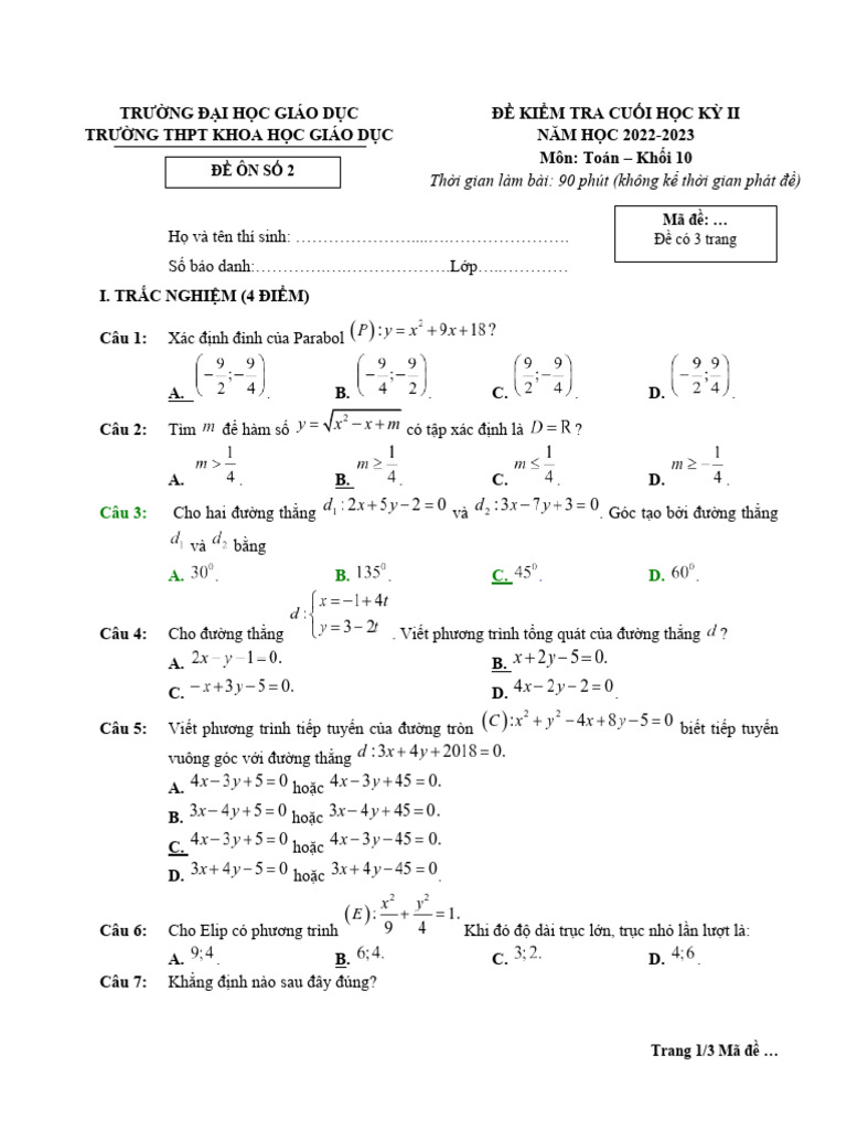 ĐA Đề ôn số 2 HK2 K10 2022-2023 | PDF