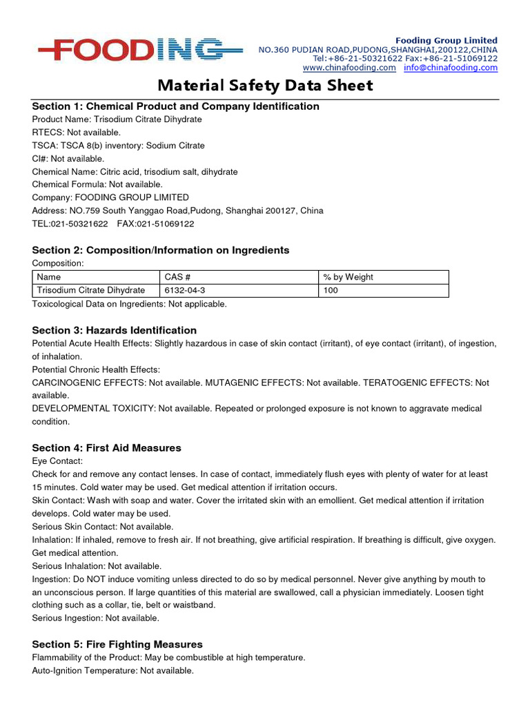 MSDS Trisodium Citrate Dihydrate | PDF | Fires | Toxicity