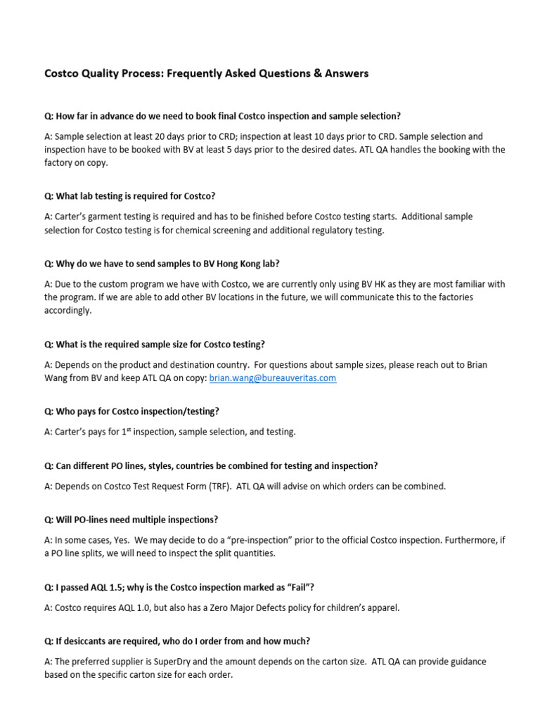 Costco Inspection & Testing FAQs | PDF