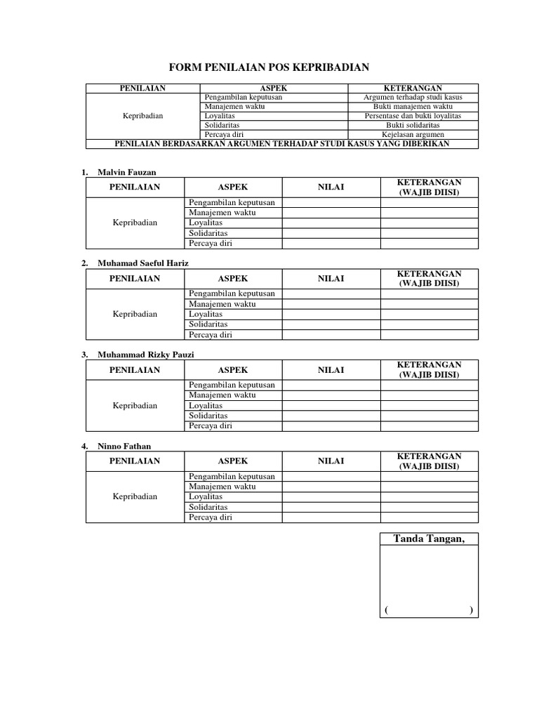 Form Penilaian Pos Kepribadian | PDF