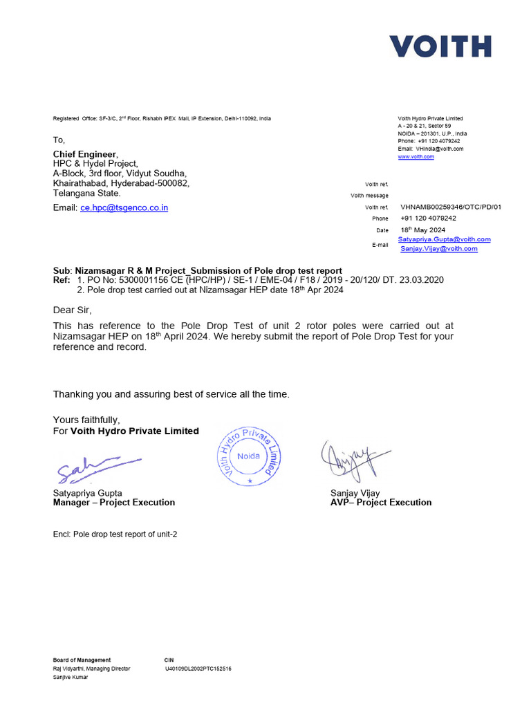 Letter - Nizamsagar - Pole Drop Test Report Submission | Download Free ...